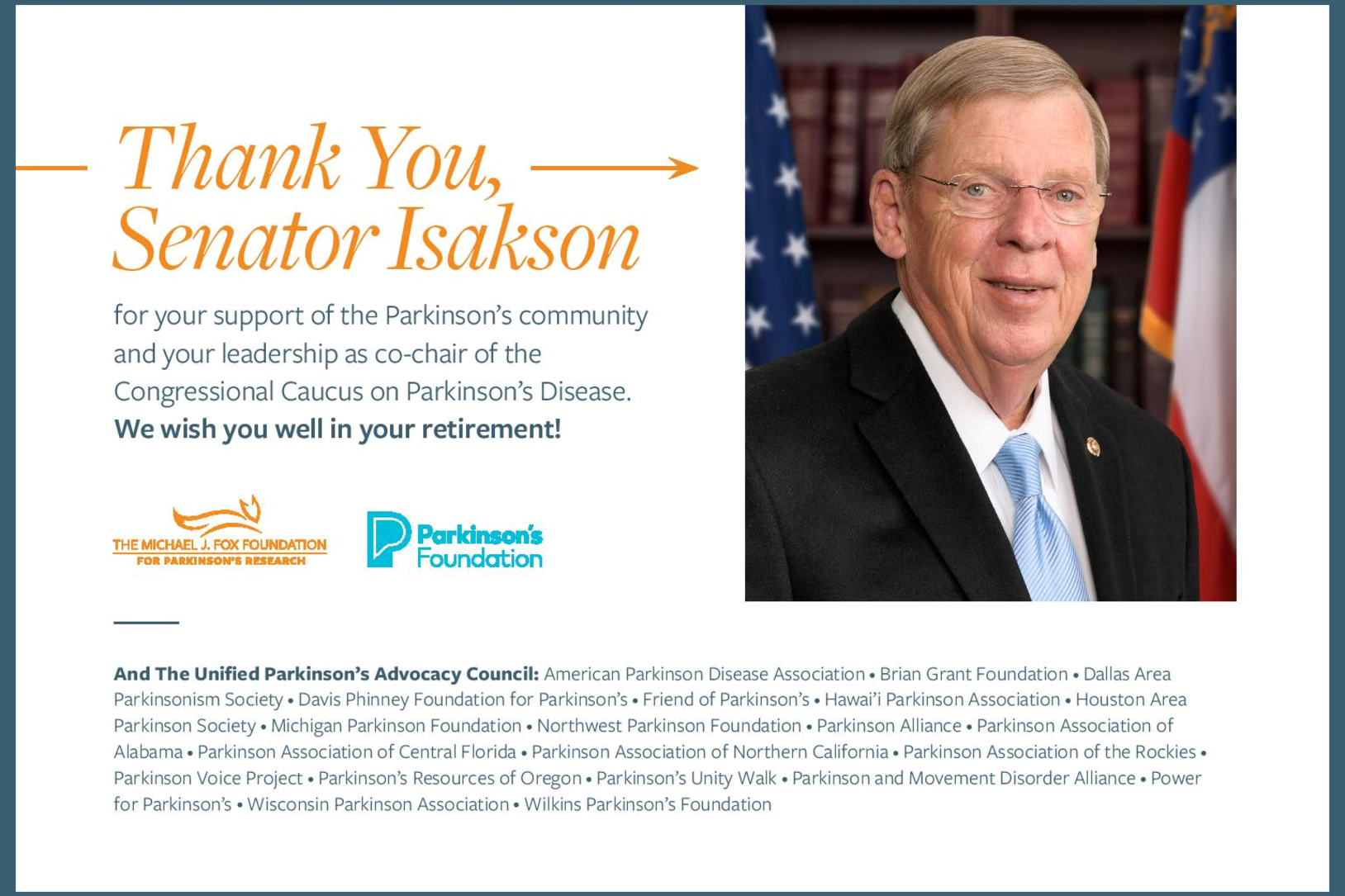 From the Parkinson’s Community: Thank you, Senator Isakson | Parkinson ...
